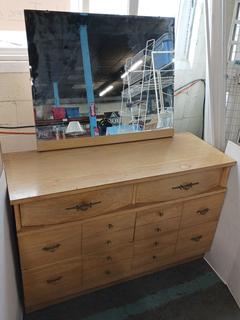Vintage Ballman Cummings 6 Drawer Blonde Wood Dresser With Mirror Some Wear Scratches Good Condition For Age 50 W x 19 D x 32 H